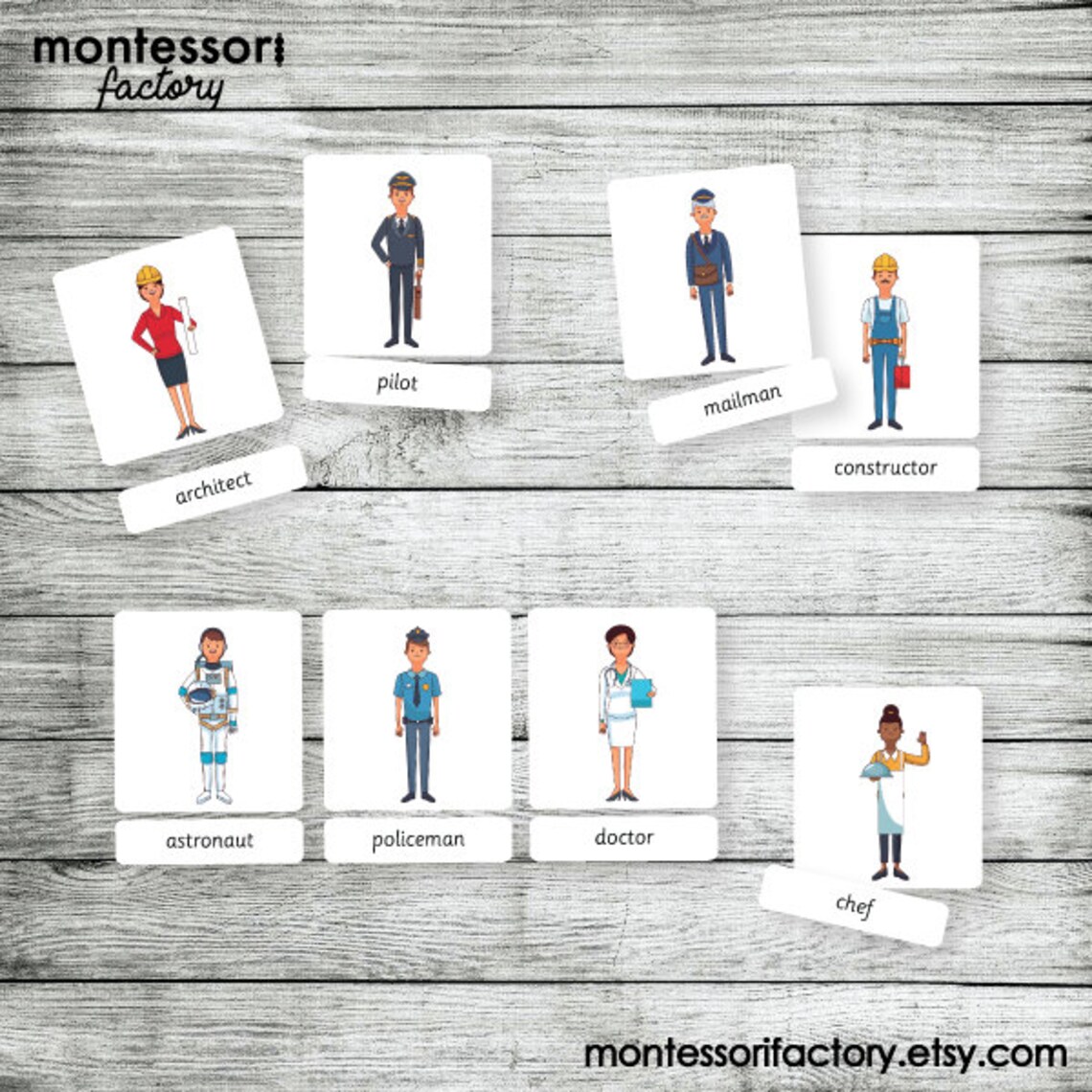 PROFESSIONS Jobs Montessori Cards Flash Cards Three Part | Etsy