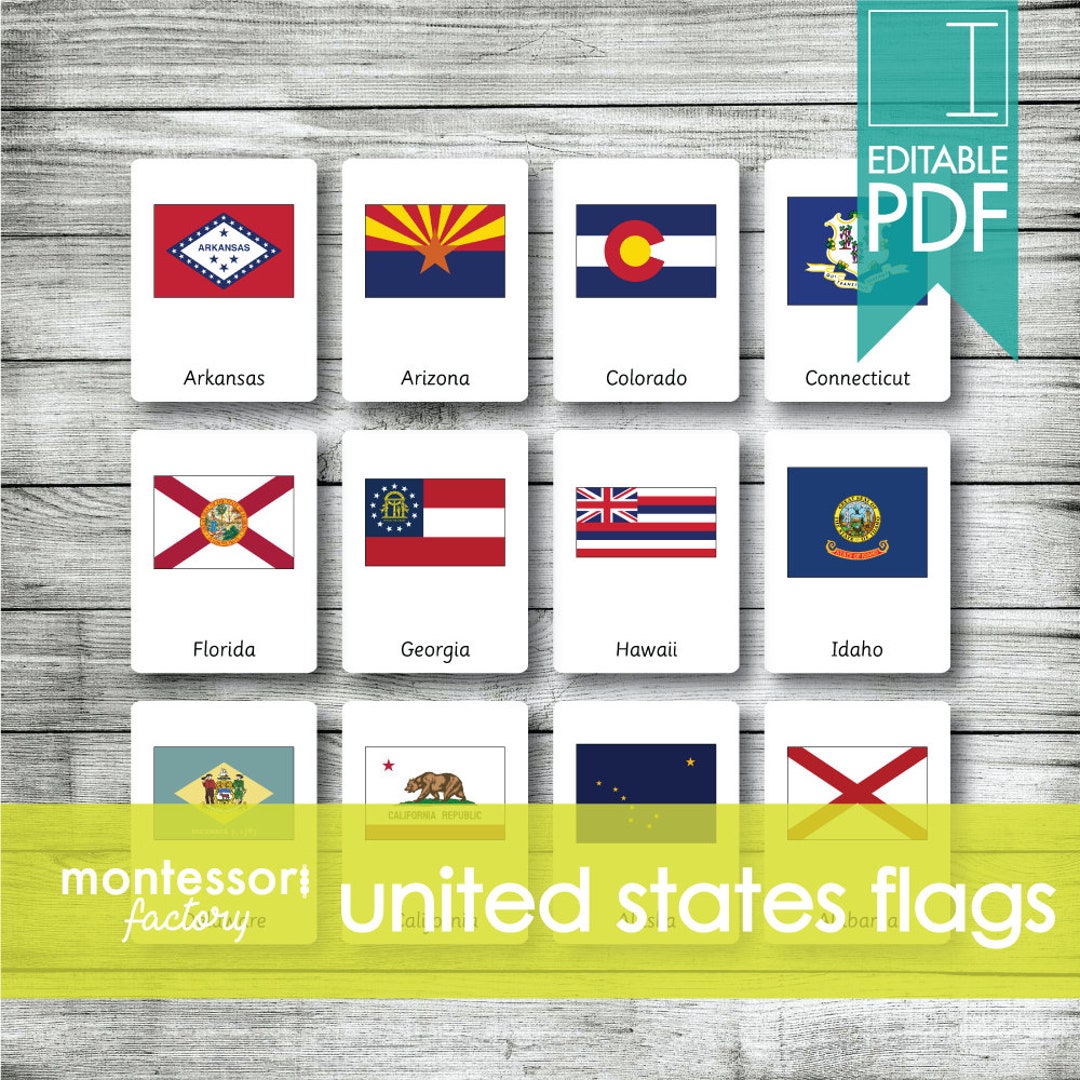 UNITED STATES Flags Montessori Cards, Flash Cards, Three Part Cards ...