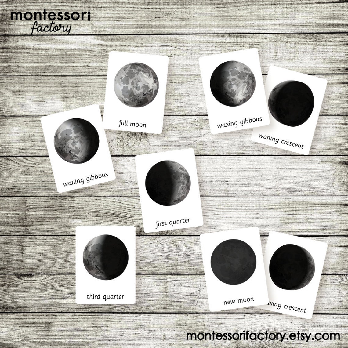 MOON PHASES Montessori Cards Flash Cards Three Part | Etsy