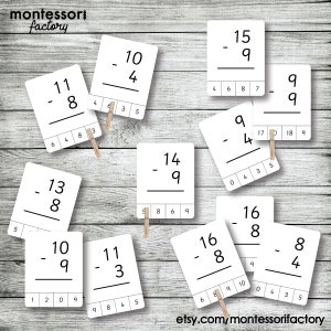 SUBTRACTION Math • Montessori • Clip Card - Flash Cards • Educational ...