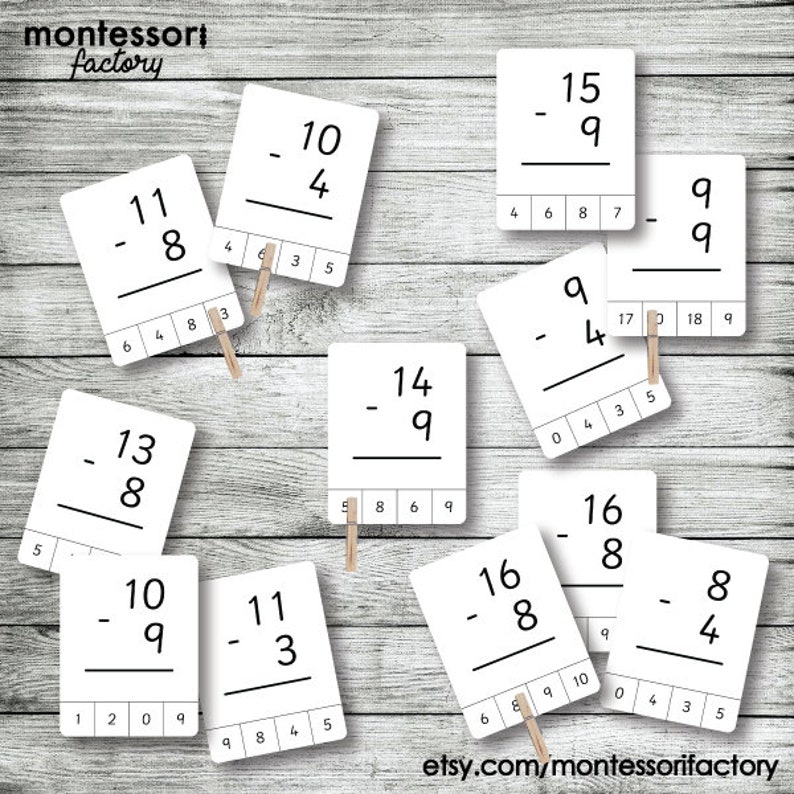 Subtraction Math Clip Cards • Montessori Educational Material (editable ...