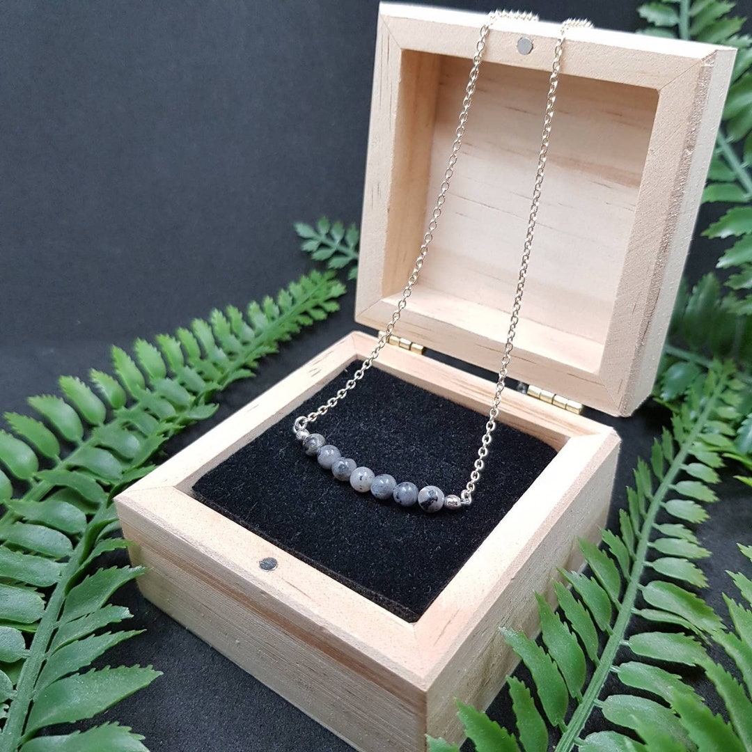 Larvikite Bar Necklace, Black Moonstone Necklace, Sterling Silver ...