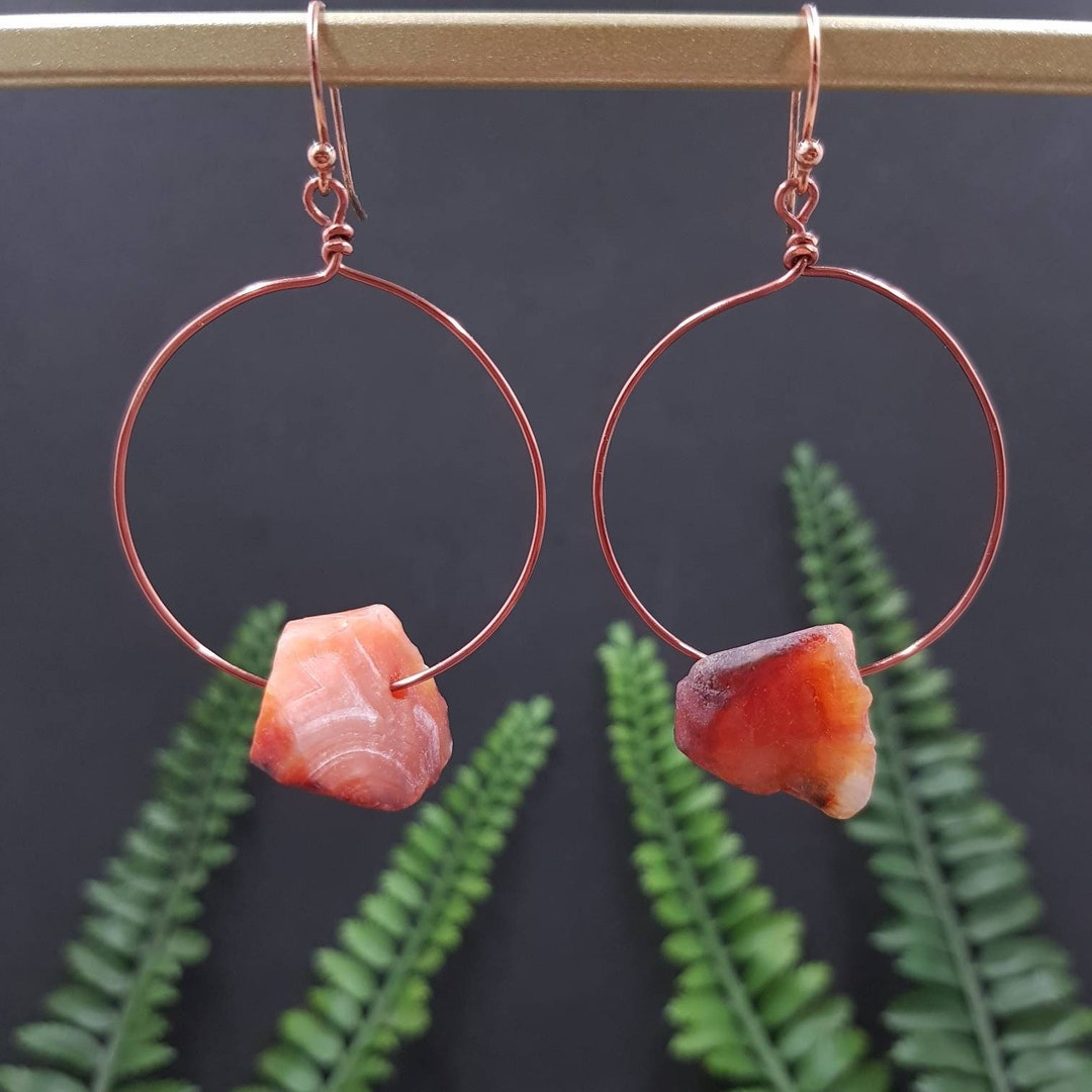 Rustic Earthy Earrings, Raw Carnelian Copper Hoop Earrings, Statement ...