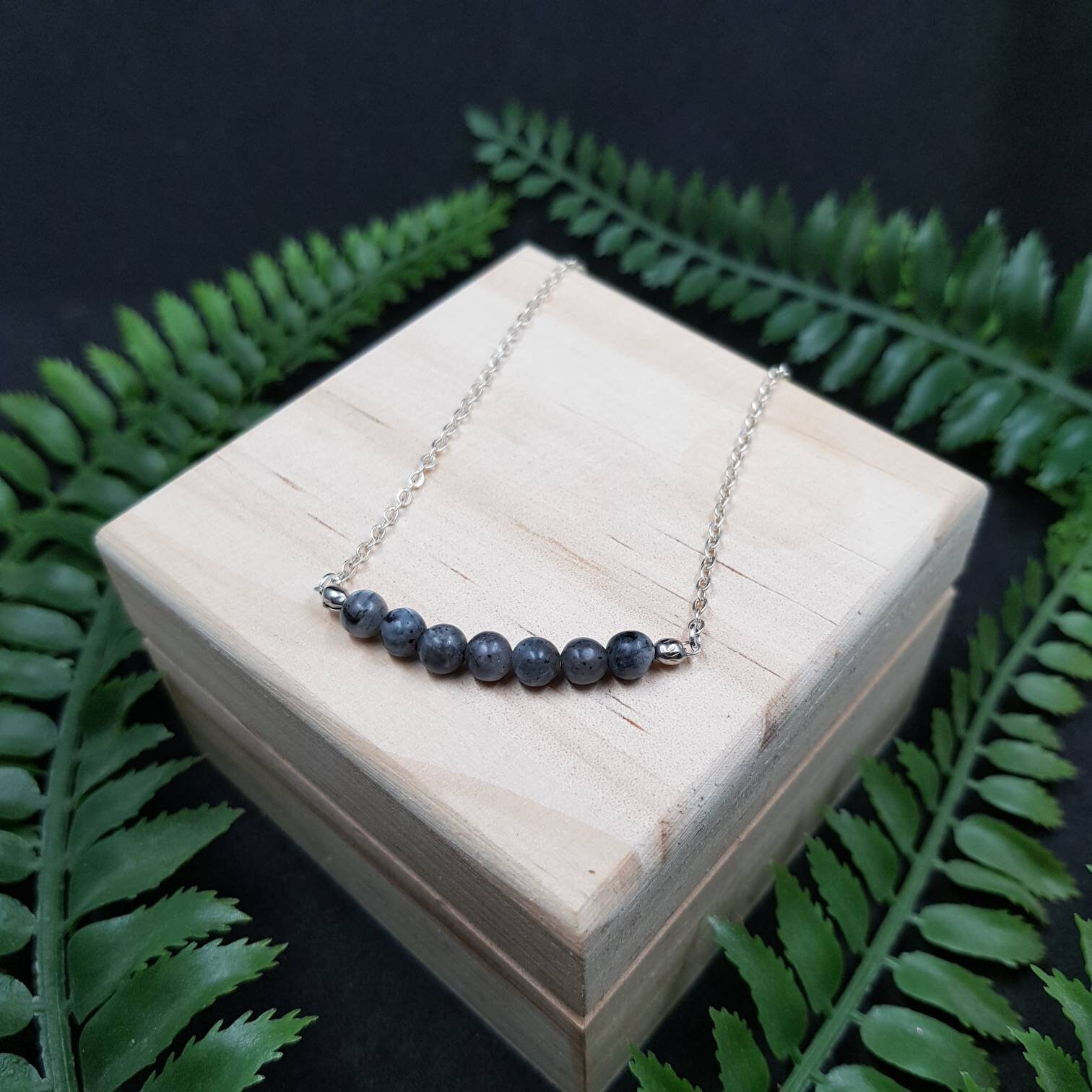 Larvikite Bar Necklace, Black Moonstone Necklace, Sterling Silver ...