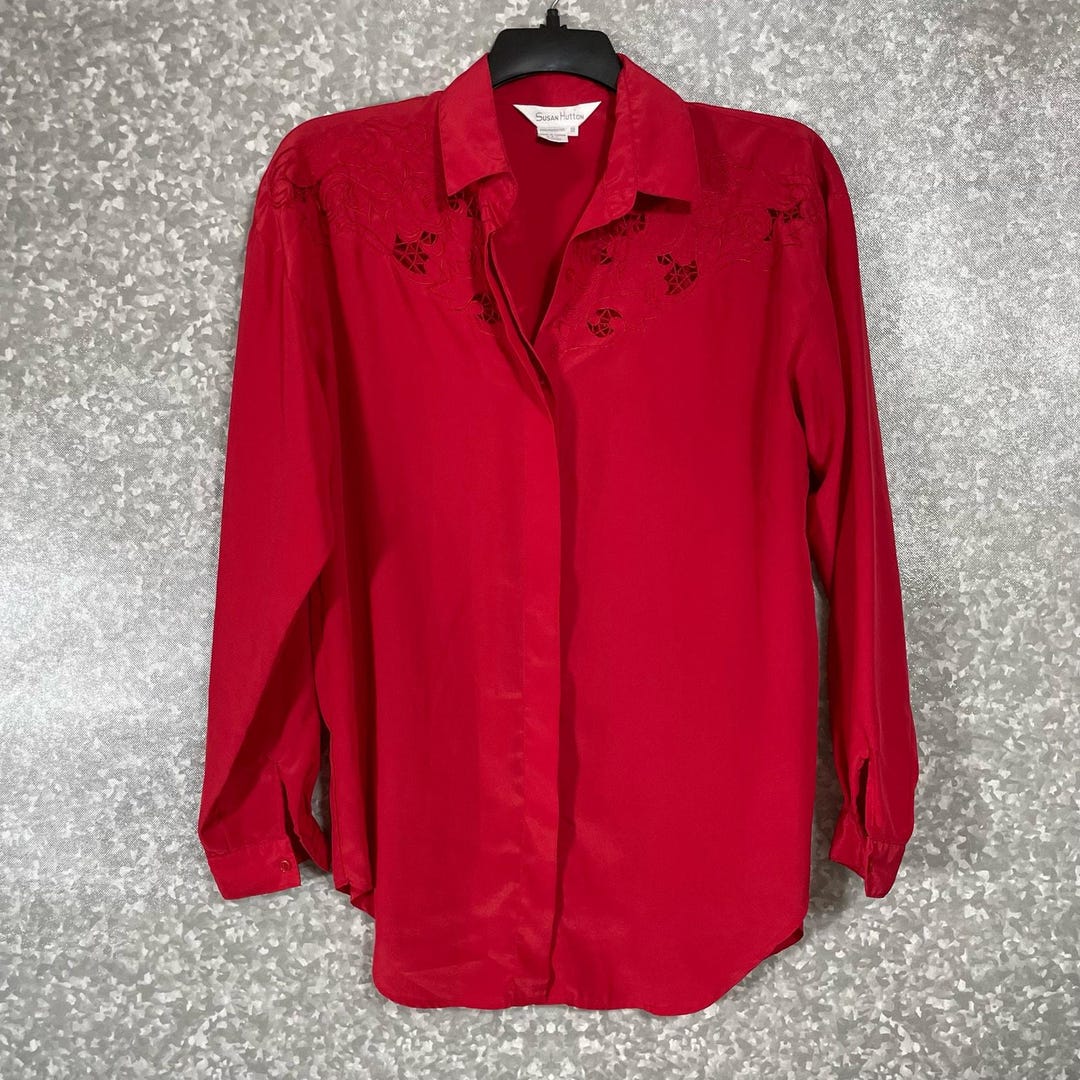 Susan Hutton Vintage 1980s Women's Red Floral Button up Blouse - Size ...