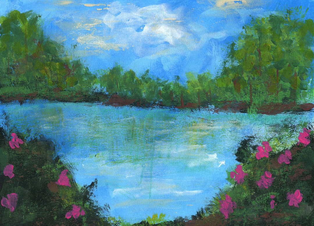 Abstract Lake Landscape Painting on Paper 9x12, Vibrant Wall Hanging ...