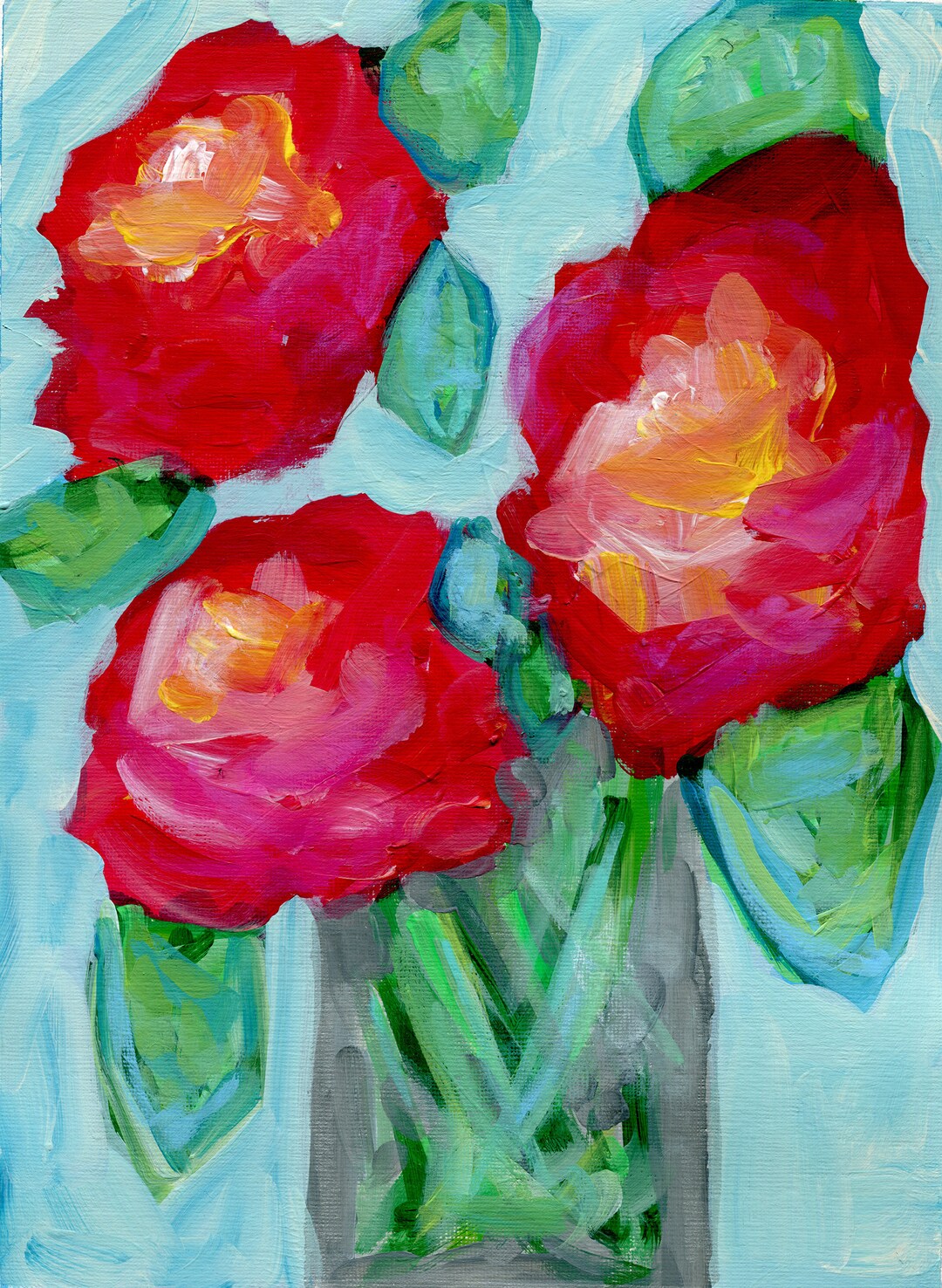 Red Abstract Flowers in a Vase Original Acrylic Painting 9x12, Hand ...