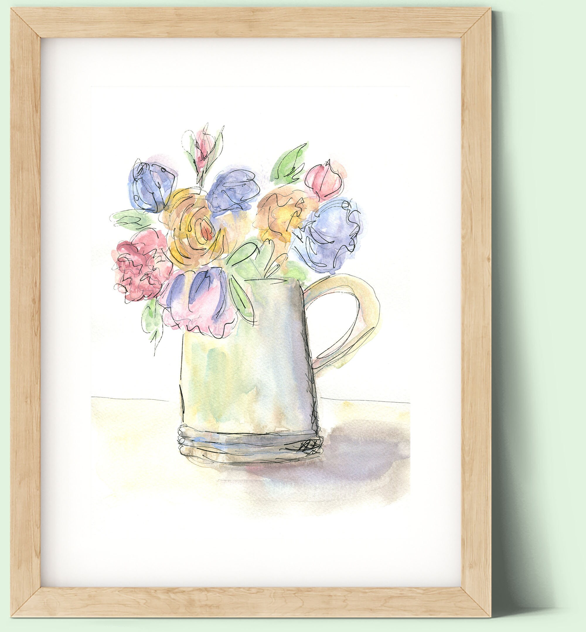 Flower Bouquet in a Water Pitcher Watercolor Painting 9x12 - Etsy