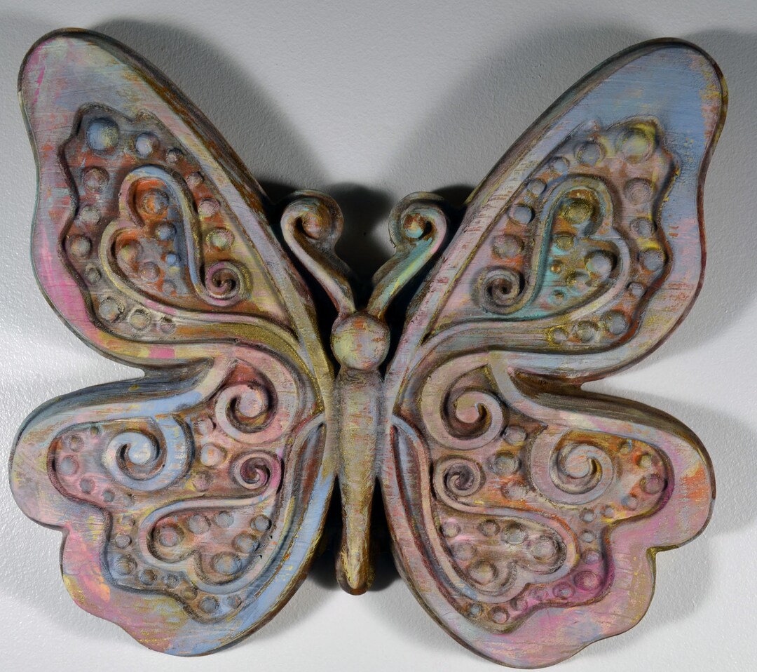 Butterfly Hand Painted 3d Wood Carving, Wood Wall Art, Swirl Heart ...