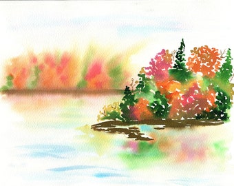 Fall Scene Art Print of Watercolor Painting Trees Nature Lake Peaceful ...