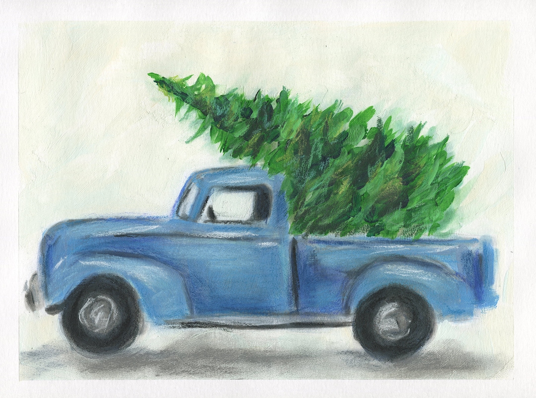 Vintage Blue Truck Hauling a Christmas Tree Hand Painted Mixed Media ...