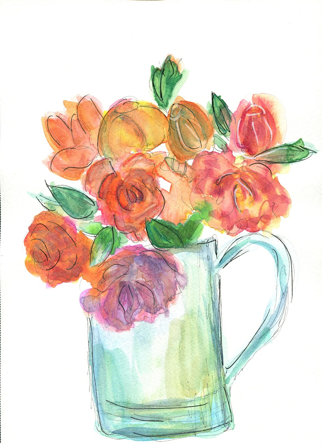 Flower Bouquet in a Water Pitcher Watercolor Painting 9x12, Line and ...