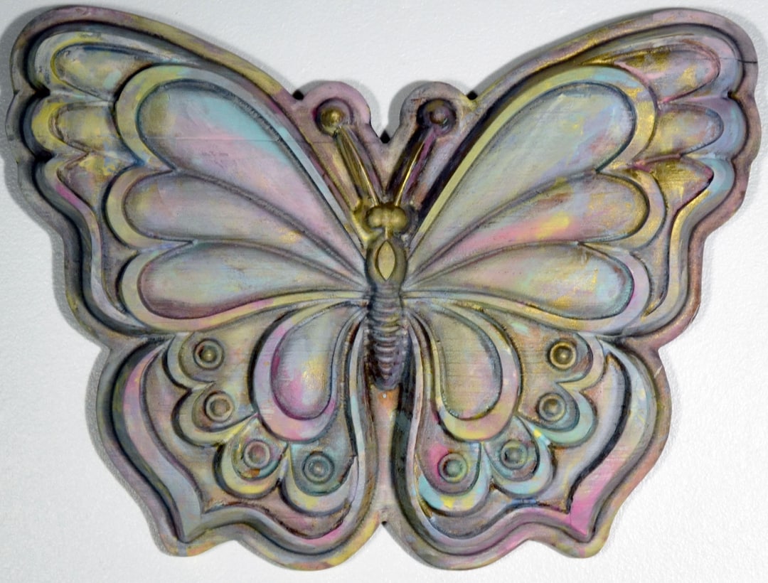 Butterfly Hand Painted 3d Wood Carving, Wood Wall Art, Pastel Painted ...