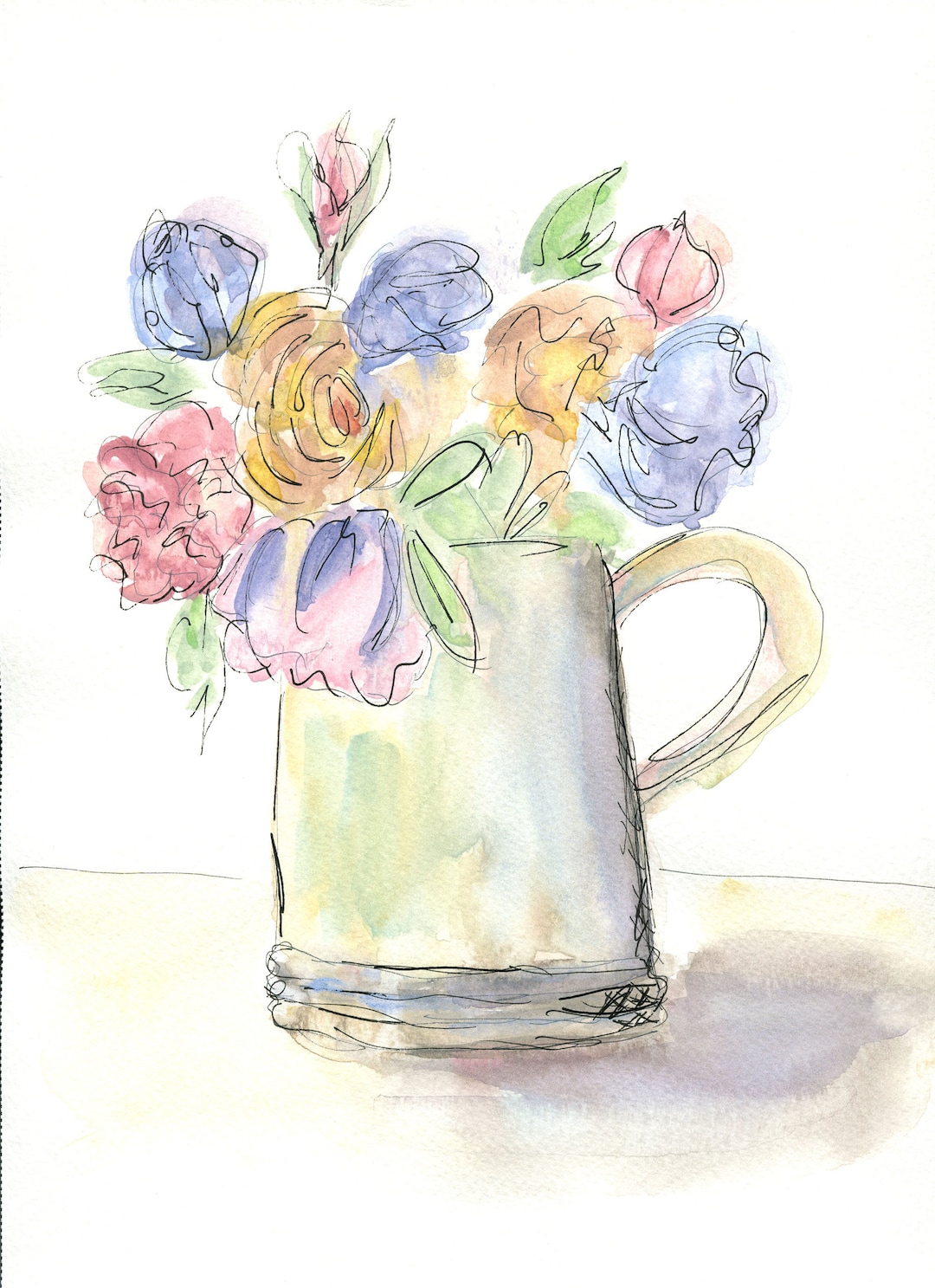 Flower Bouquet in a Water Pitcher Watercolor Painting 9x12, Pastel ...