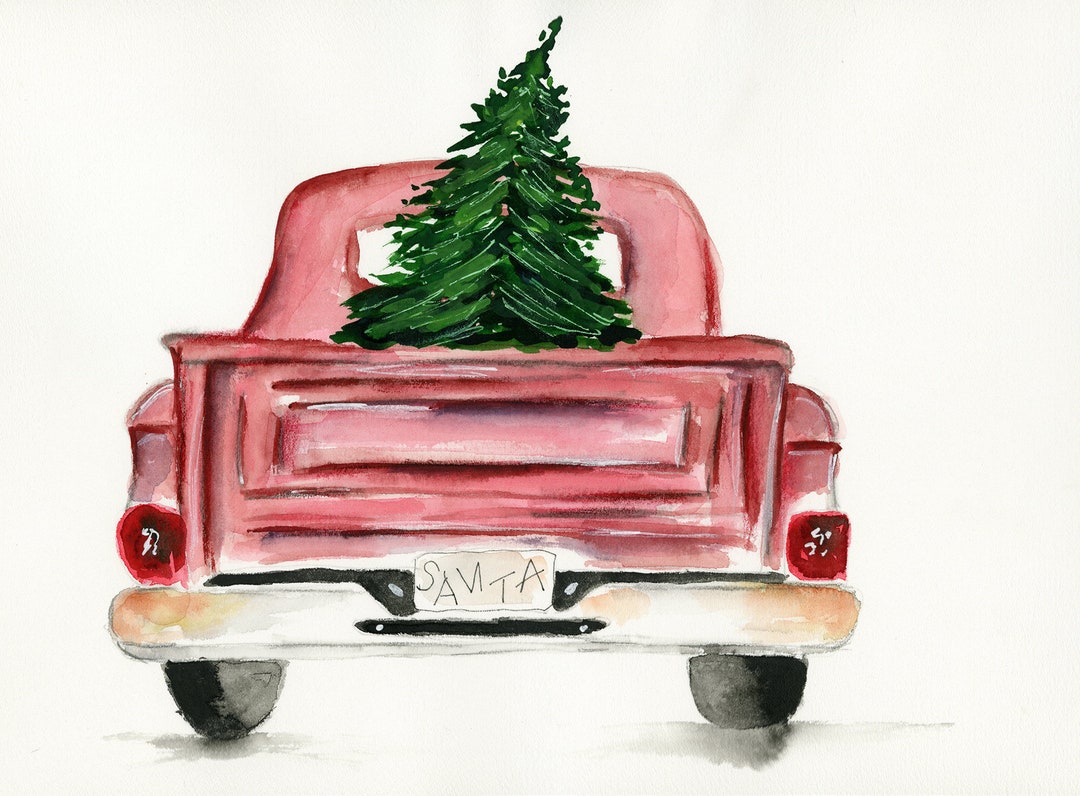 Vintage Red Truck Hauling a Christmas Tree 9x12, Hand Painted Original ...