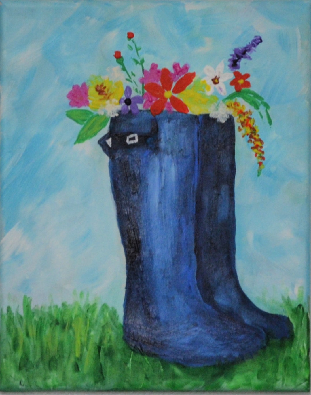 Blue Rain Boots With April Flowers Acrylic Painting on Canvas - Etsy