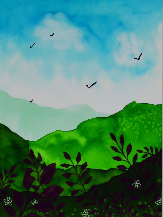 Dreamy Green Landscape Watercolor Painting Original Landscape | Etsy