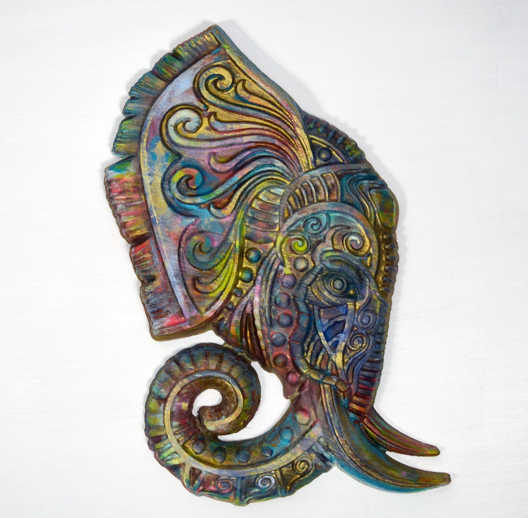 Elephant Hand Painted 3d Wood Carving, Wood Wall Art, Ready to Hang ...