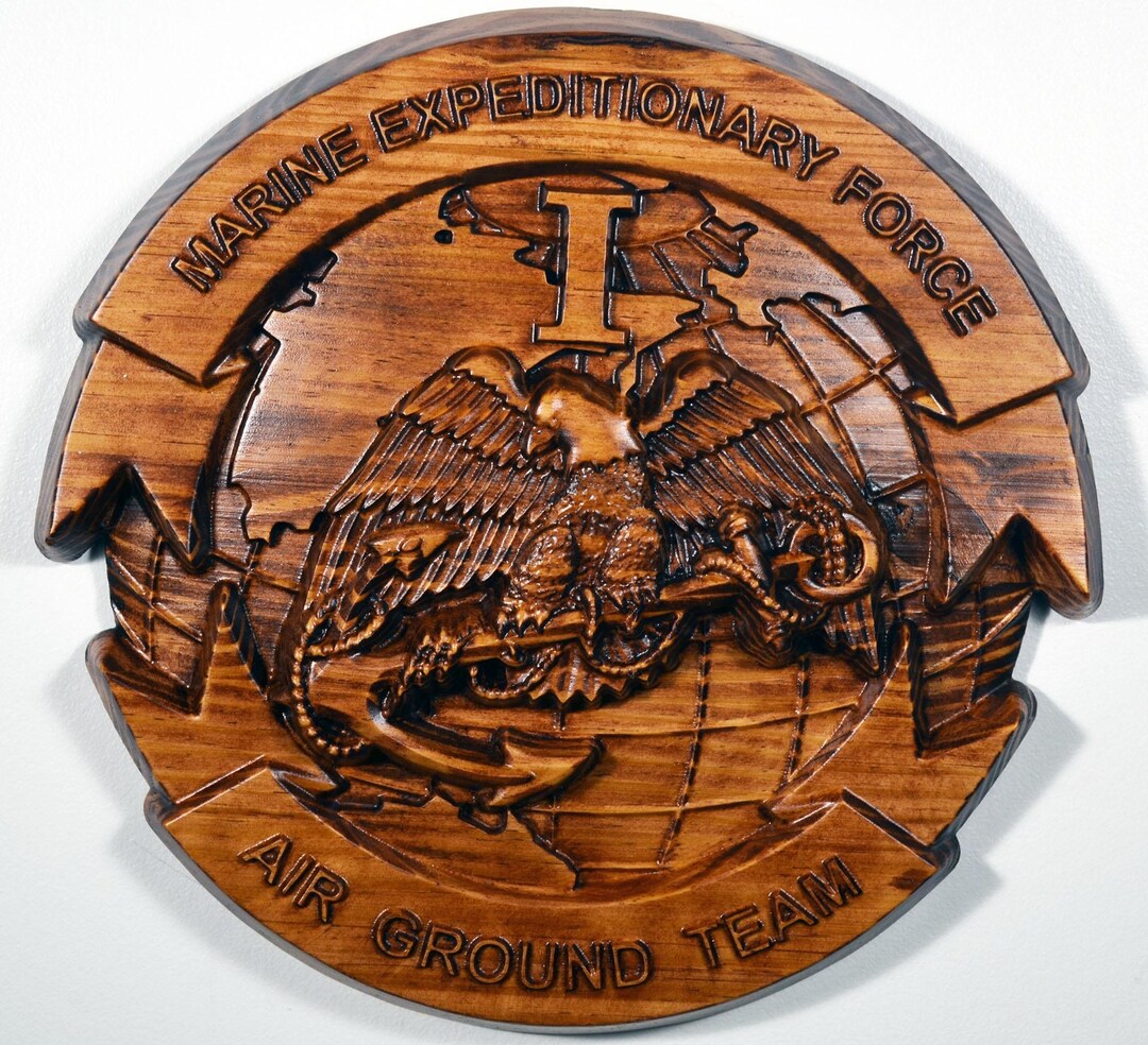 USMC I Marine Expeditionary Force, 12" Stained 3d Wood Carving ...