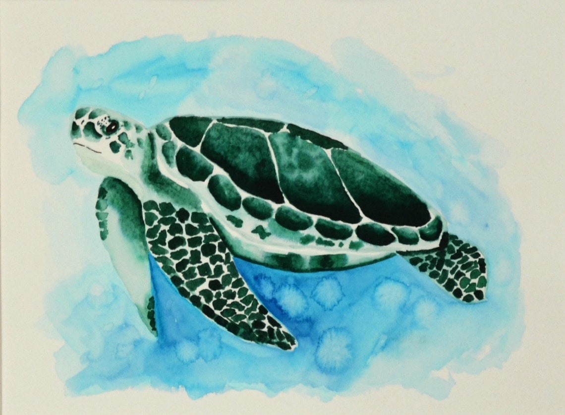 Green Sea Turtle Watercolor Painting Under the Sea Artwork | Etsy