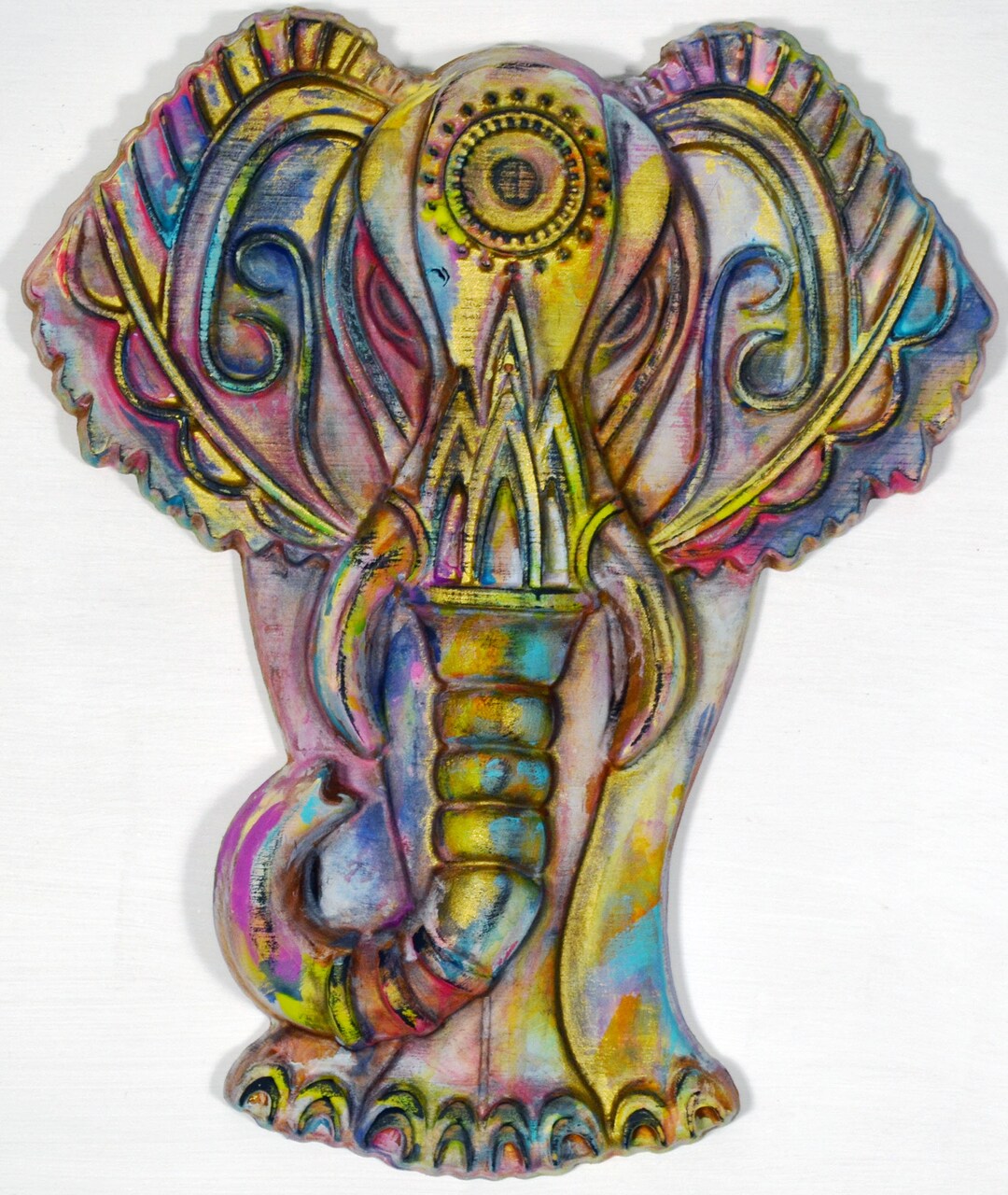 Elephant Hand Painted 3d Wood Carving, Wood Wall Artwork, Ready to Hang ...