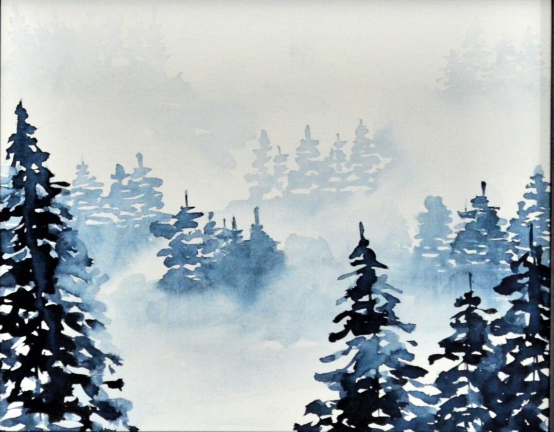 Misty Pine Tree Forest Original Watercolor Painting on Canvas - Etsy