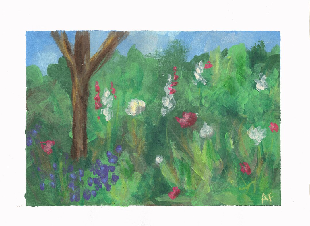 Original Hand Painted Forest and Flowers Acrylic Gouache Painting on ...