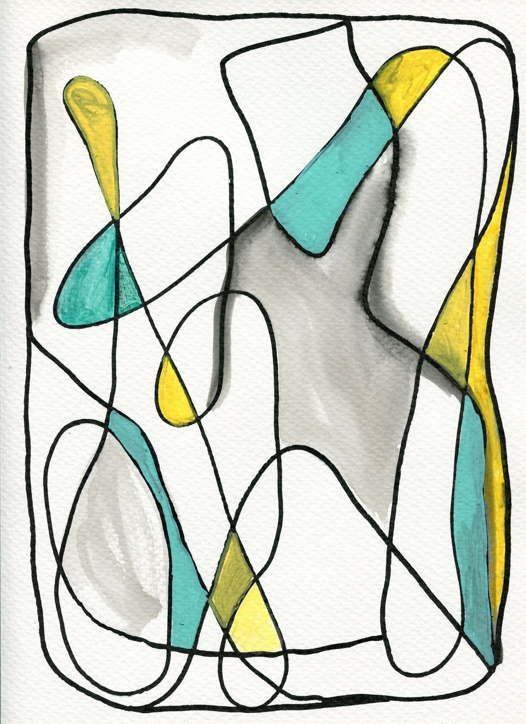 Geometric Yellow and Teal Line Drawing Watercolor Painting 9x12, Hand ...