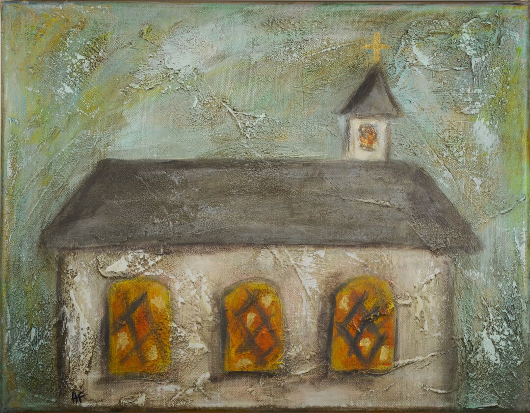 Little White Church Painting on Canvas 18x14, Hand Painted Country ...