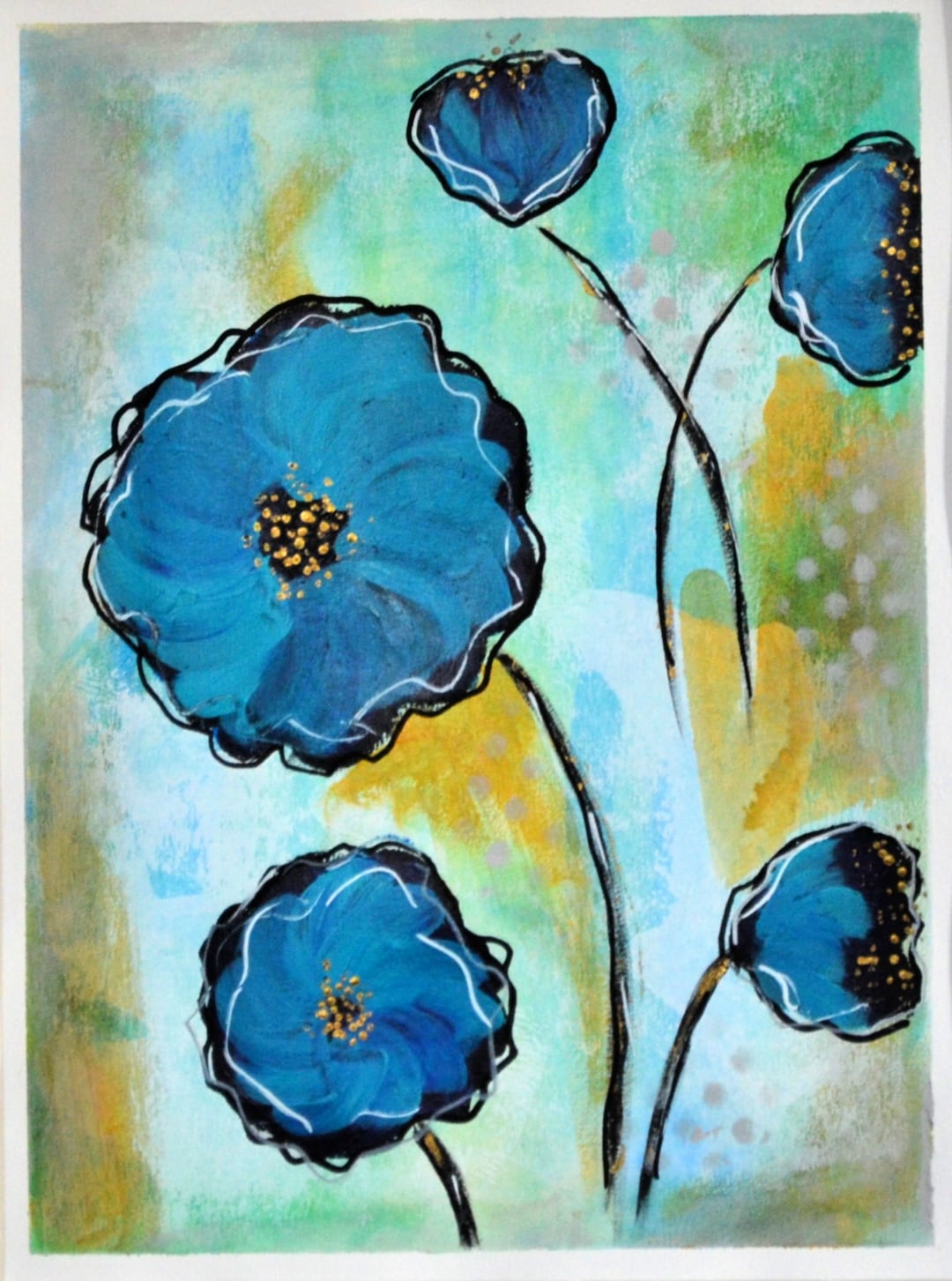 Blue Poppy Hand Painted Mixed Media Flower Painting on Paper 9x12, Blue ...