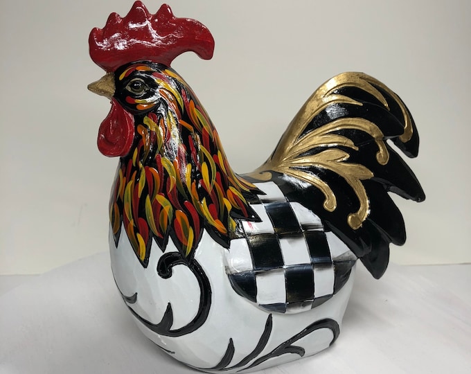 Hand Painted Rooster Whimsical Black and White Check Gold - Etsy