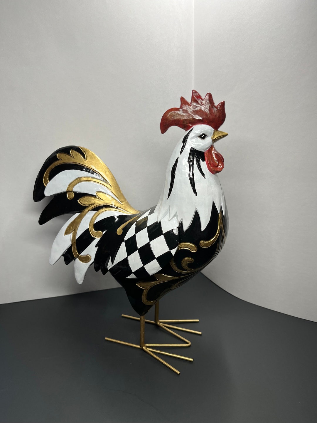 Hand Painted Rooster, Whimsical Black and White Check Rooster With ...