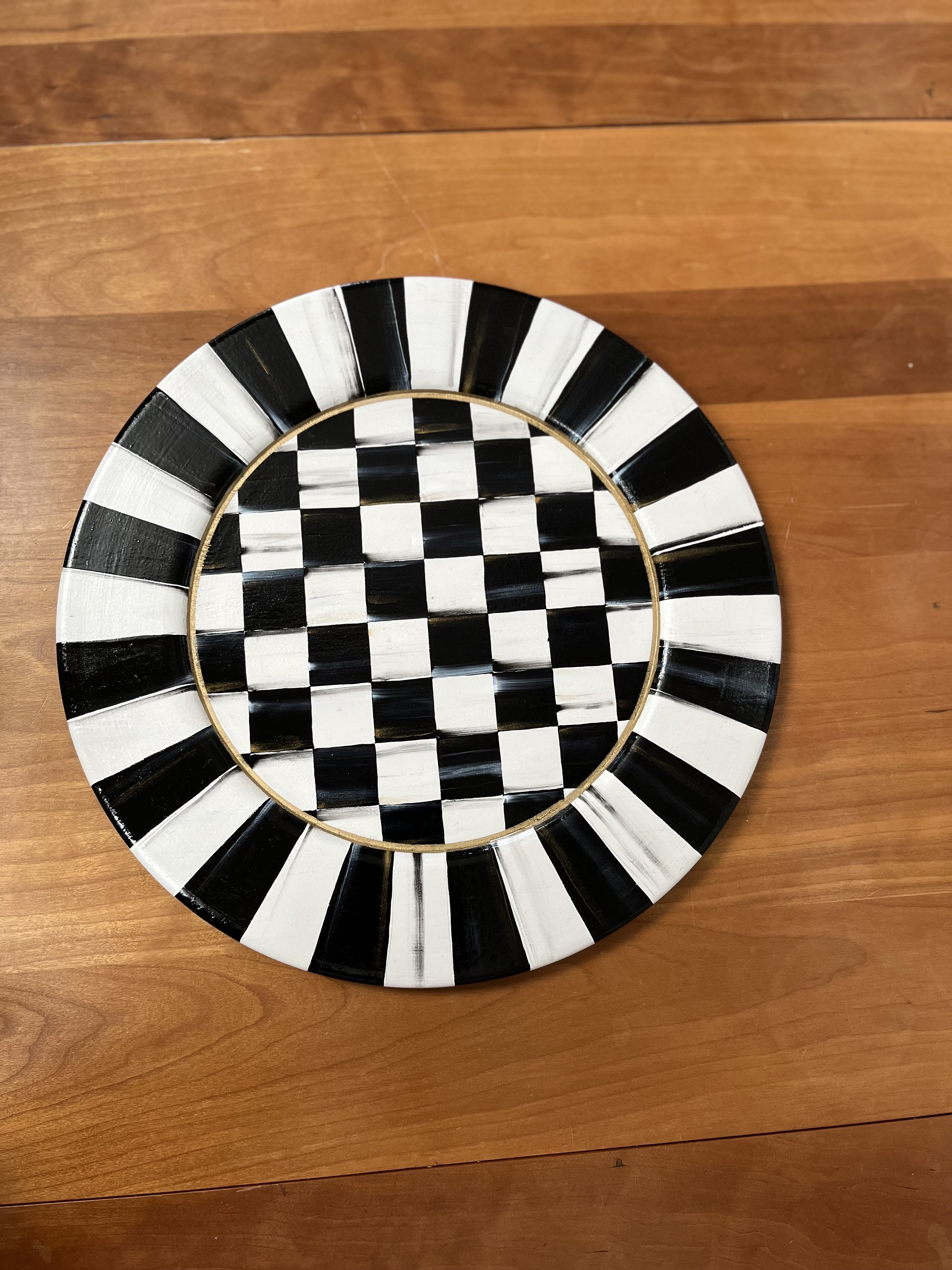 Hand Painted Wooden Charger Plate: Black White Check, Gold Detail - Etsy