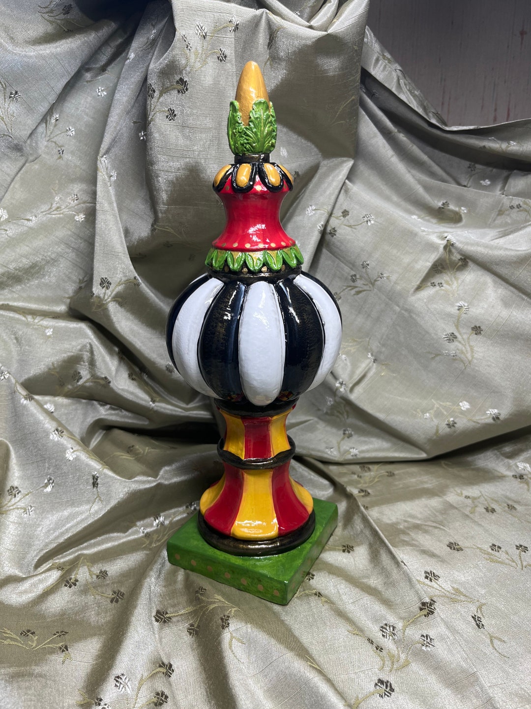 Hand Painted Finial Black and White Stripe and Red Green Gold Detail - Etsy