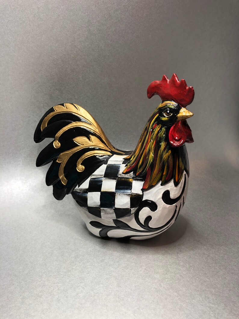 Hand Painted Rooster Whimsical Black and White Check Gold - Etsy