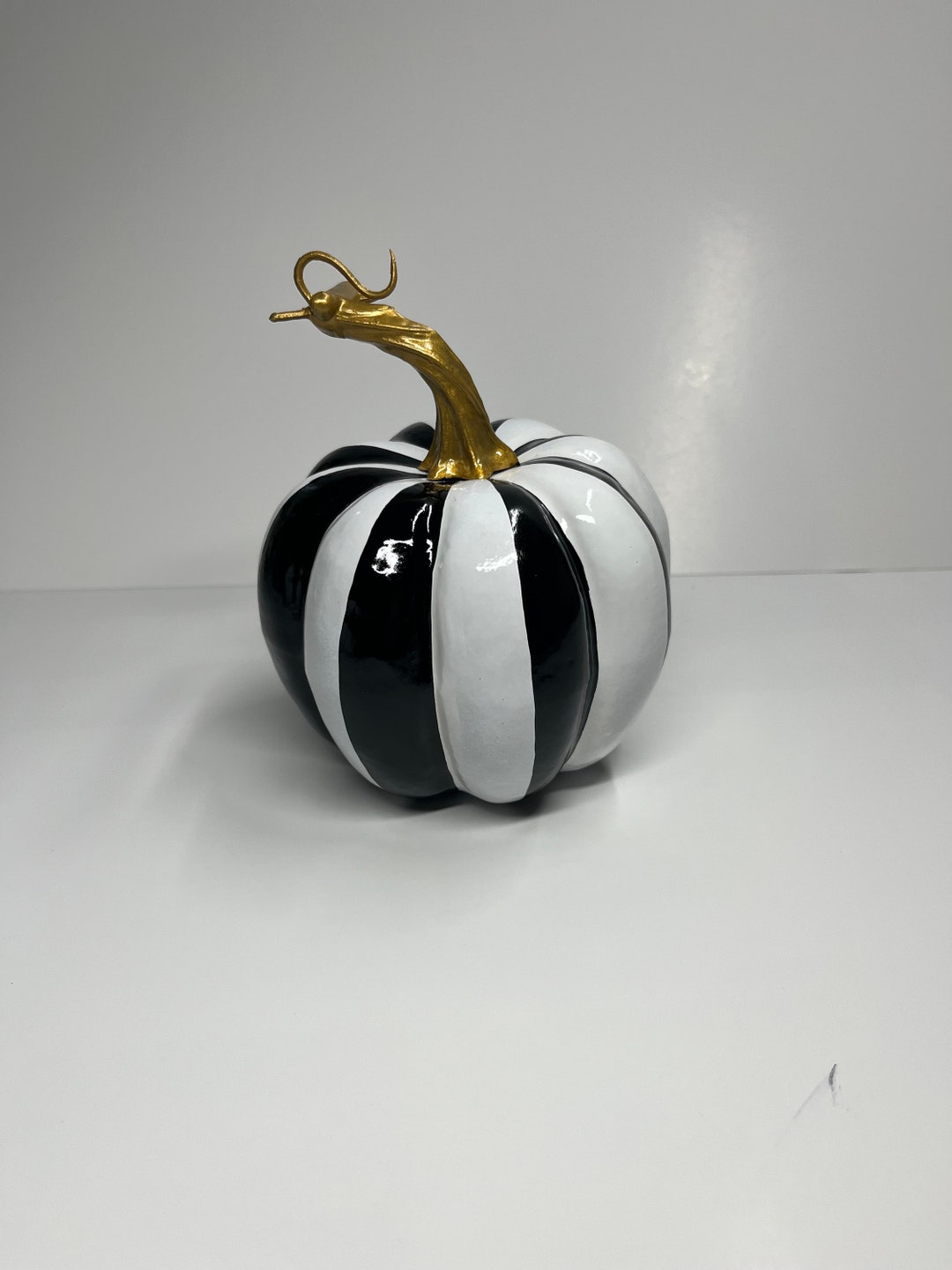 Hand Painted Pumpkin Black and White Striped Pumpkin Gold Detail Small ...