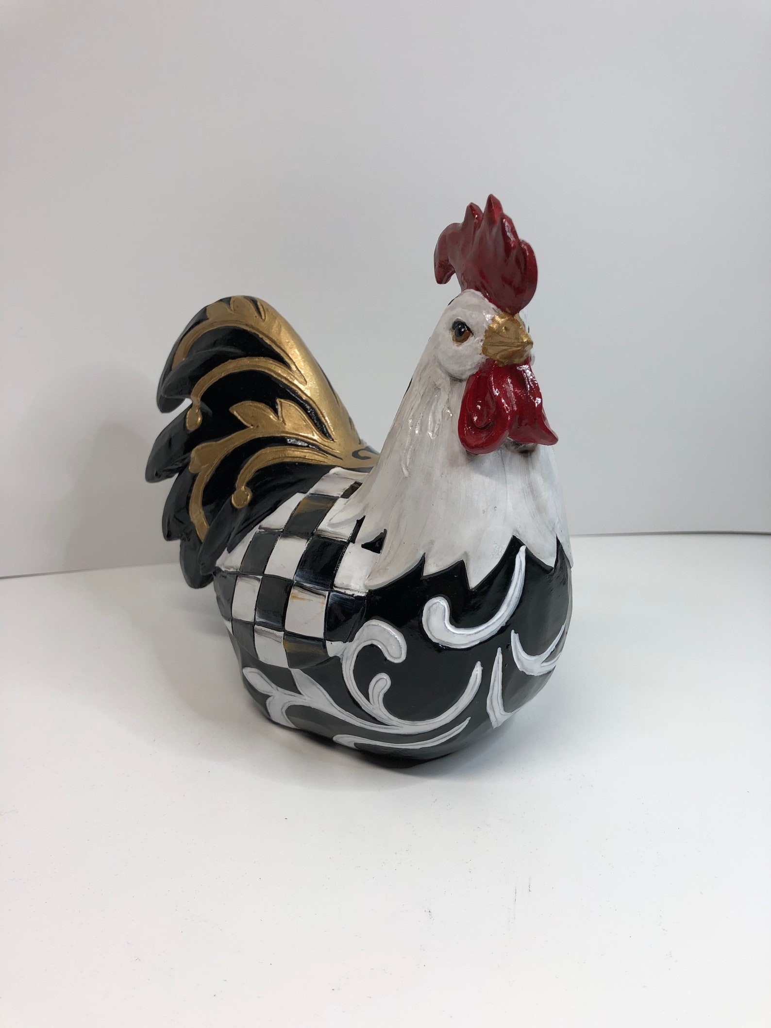 Hand Painted Rooster Whimsical Black and White Check Gold - Etsy