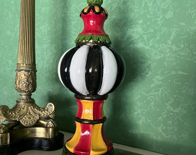 Hand Painted Finial Black and White Stripe and Red Green Gold Detail - Etsy