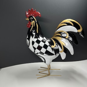 Hand Painted Rooster, Whimsical Black and White Check Rooster With ...