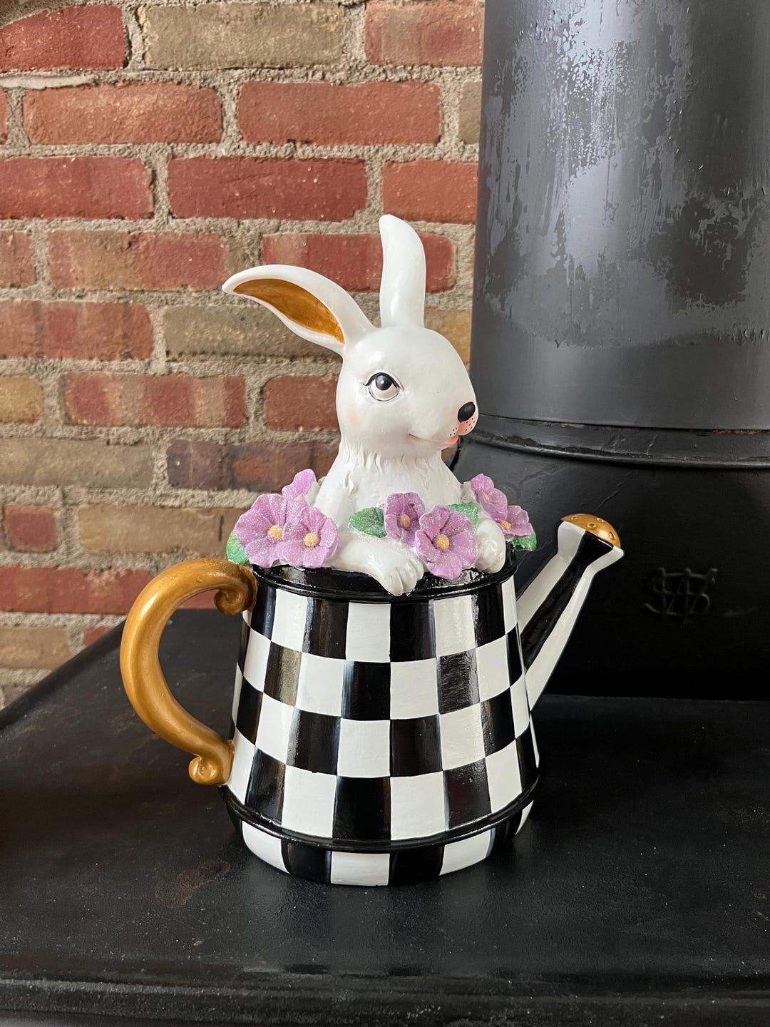 Bunny Rabbit Hand Painted Black and White Check Watering Can Purple ...