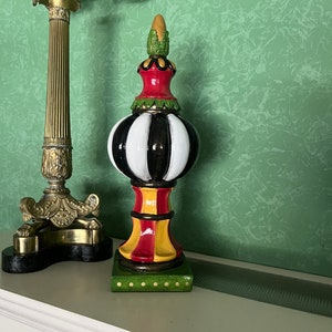 Hand Painted Finial Black and White Stripe and Red Green Gold Detail - Etsy