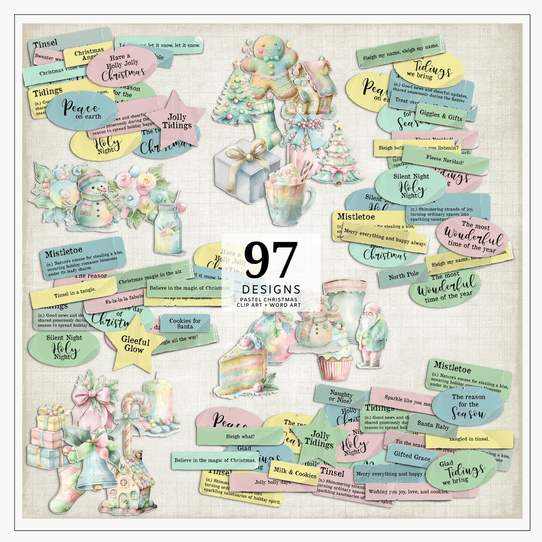 Pastel Christmas Clipart & Word Art Bundle | Pink Christmas Holiday ...