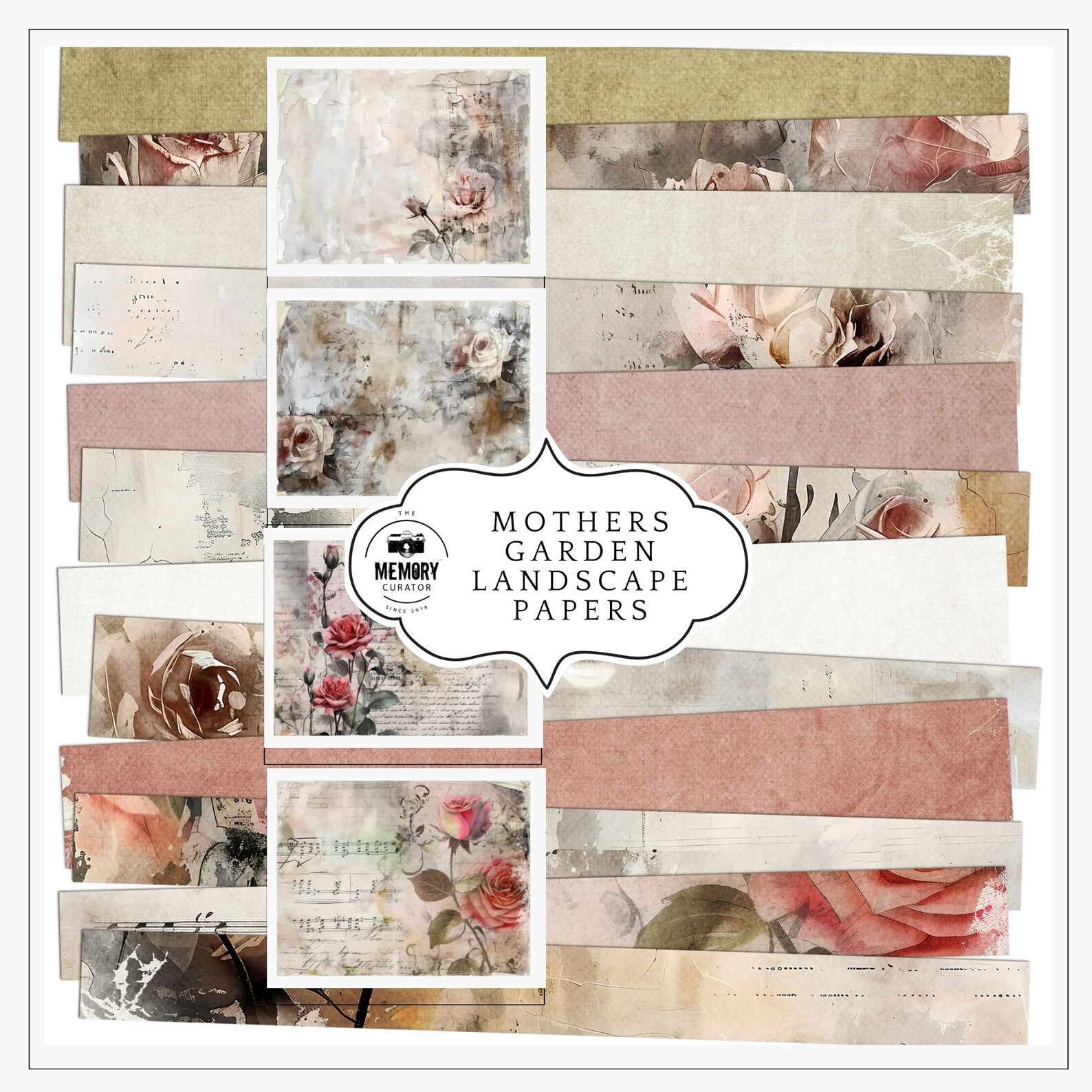 Mothers Garden Digital Paper Signatures Double Pages Shabby Chic Roses ...