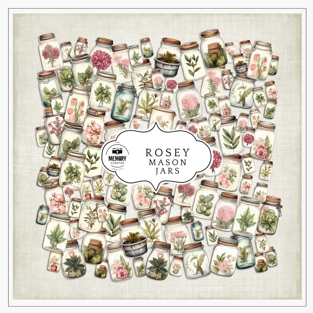 Rosey Mason Jars Clip Art Vintage Garden for Scrapbooking or Junk ...