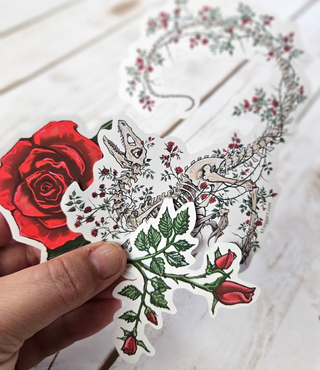 Velociraptor and Red Rose Skeleton Sticker 3-pack - Etsy