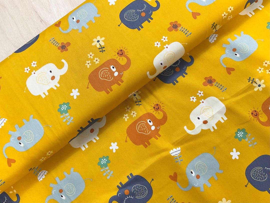 Happy Elephants on Mustard Cotton Poplin - Etsy
