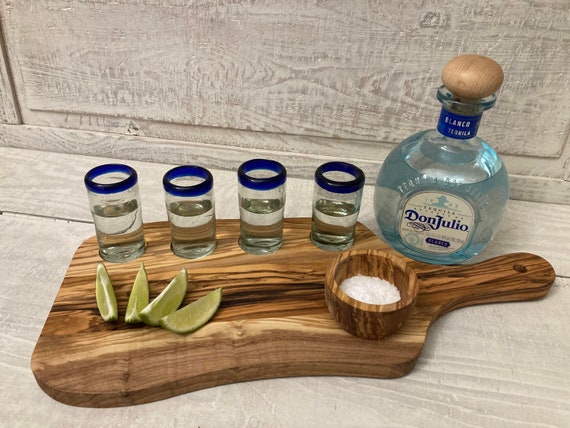 Olive Wood Tequila Flight Board With 4 Hand Blown Shot Glasses - Etsy