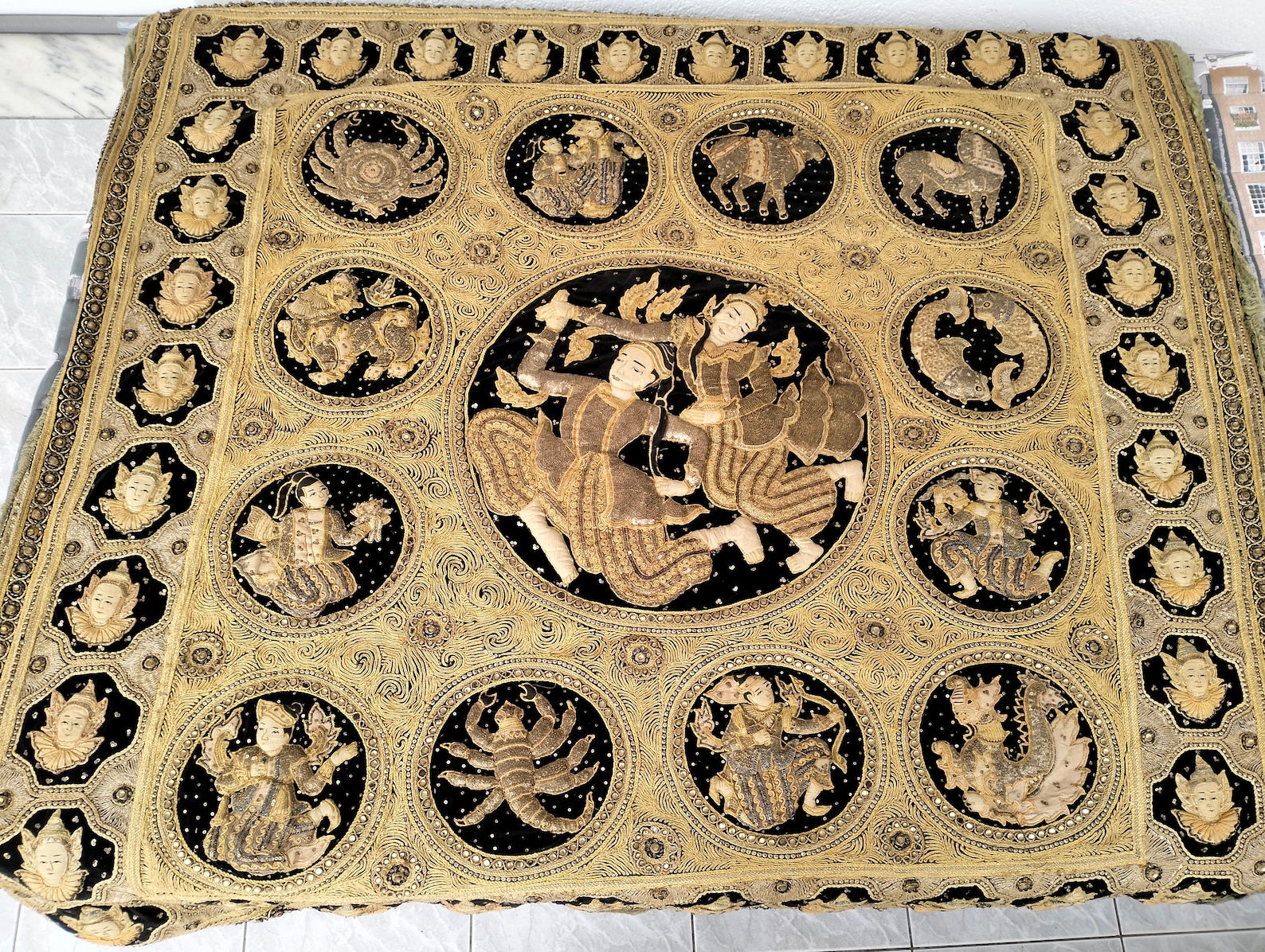Asian Oriental Buddhist Tapestry,burmese Decorative Embroidered Kalaga ...