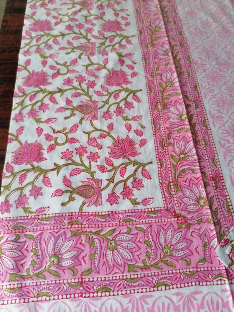 Pink on White Flower Design Hand Block Printed Tablecloth - Etsy