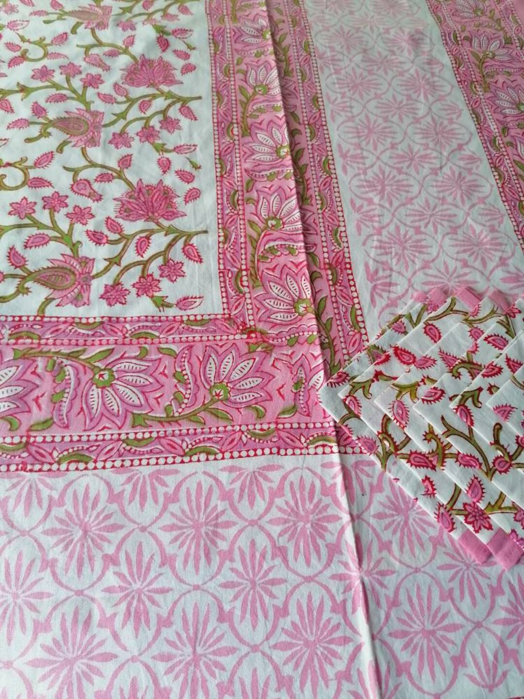 Pink on White Flower Design Hand Block Printed Tablecloth - Etsy